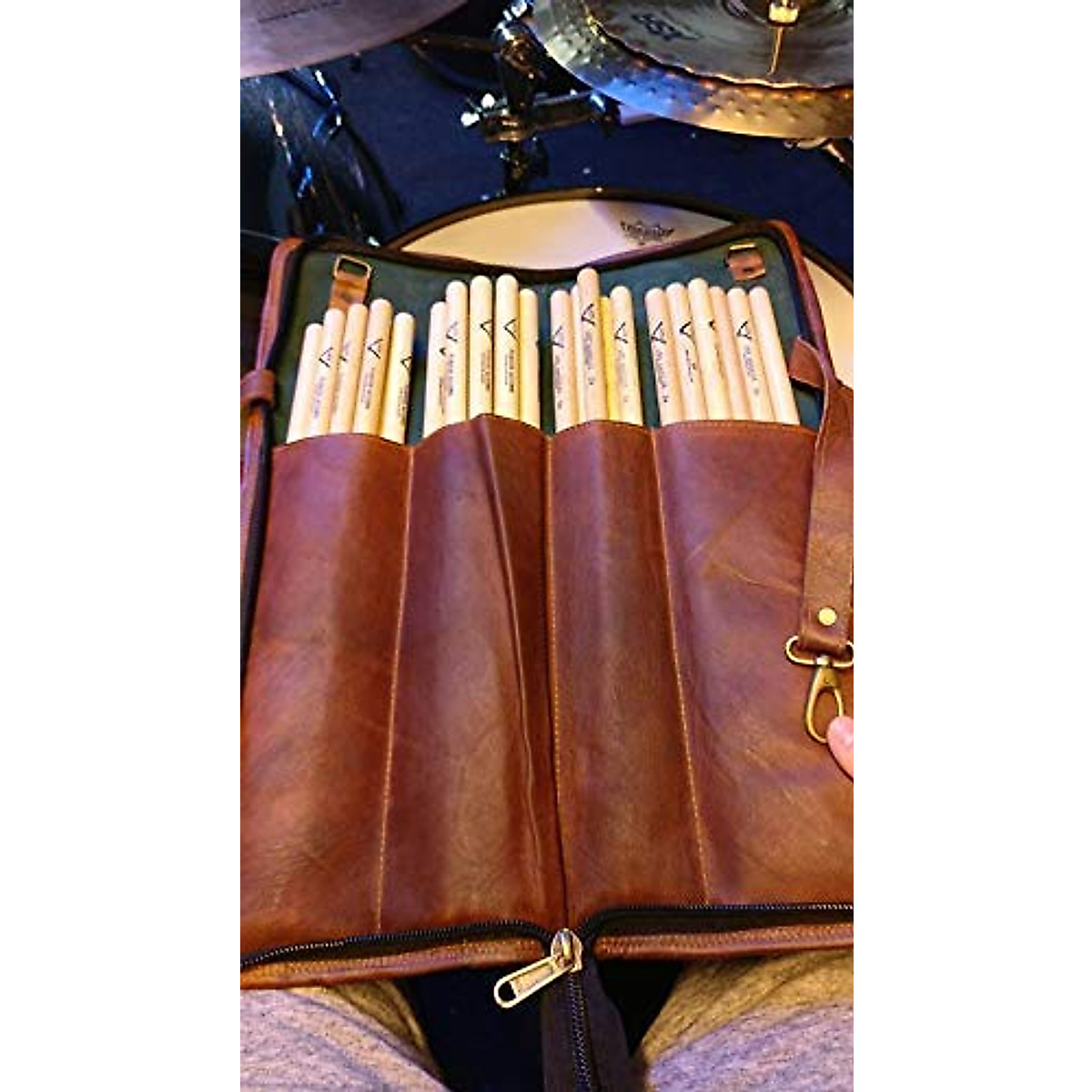 WerKens Leather Drumstick Bag Floor Tom Hooks Holds 8-10 Pairs Drum Sticks Mallets Brushes Percussion Drum Stick Bag Easy Carry Handles (Brown) – DSB002