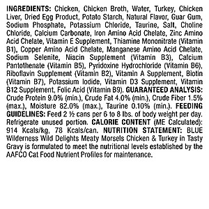 Blue Buffalo Wilderness Wild Delights High Protein Grain Free, Natural Adult Meaty Morsels Wet Cat Food, Chicken & Turkey 3-oz cans (Pack of 24)