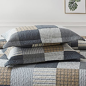PANGUSHAN 100% Cotton Quilt Set Queen Size,Patchwork Plaid Queen Quilt Bedding Set Bedspreads,Farmhouse Lightweight Comforter,Grey/Gray/Black/Tan/White/Cream Reversible Quilt for Queen Bed,3 Pieces