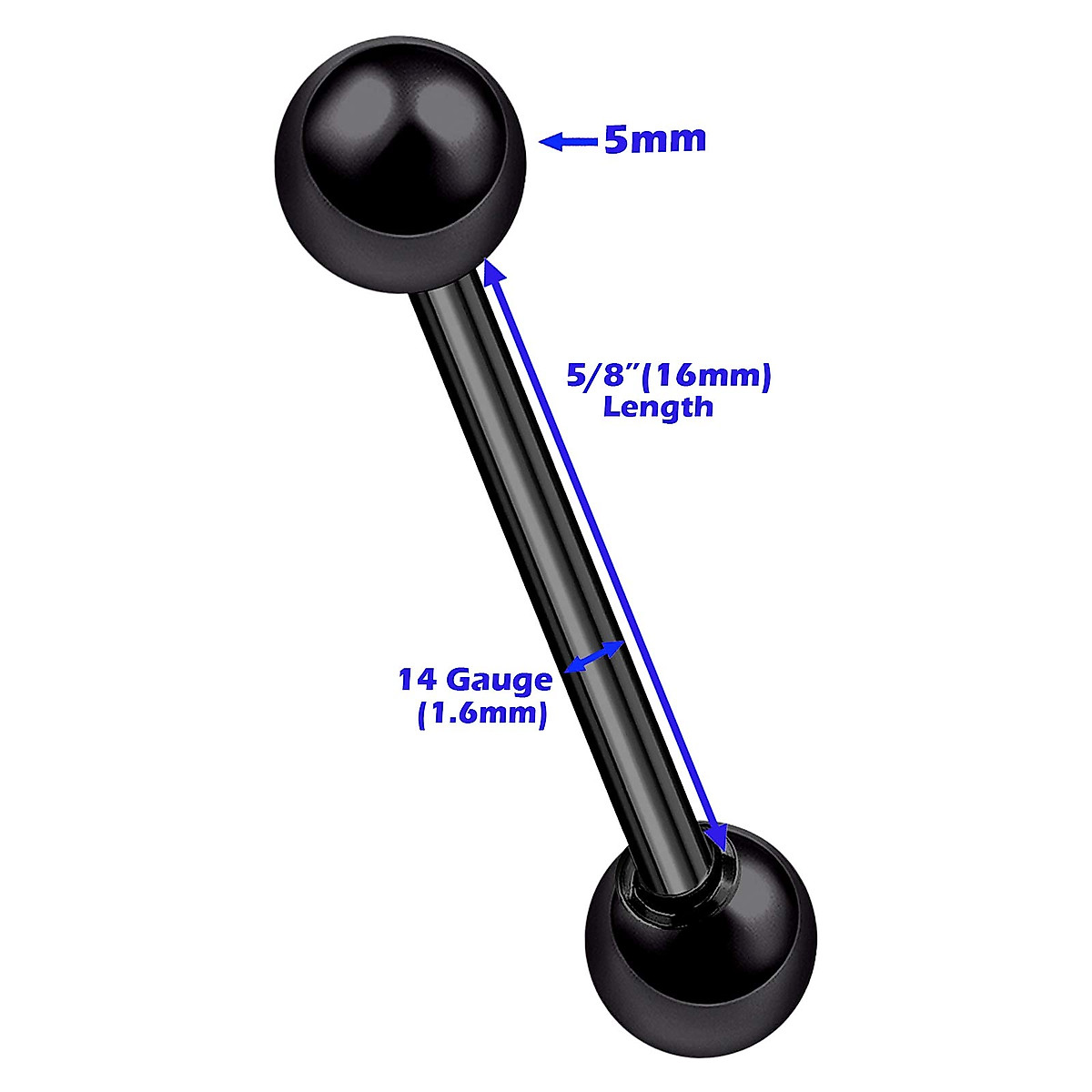 Black Titanium 14 gauge 5/8 16mm Cool Tongue Rings Piercing Jewelry Nipple with two 5mm Ball M5380