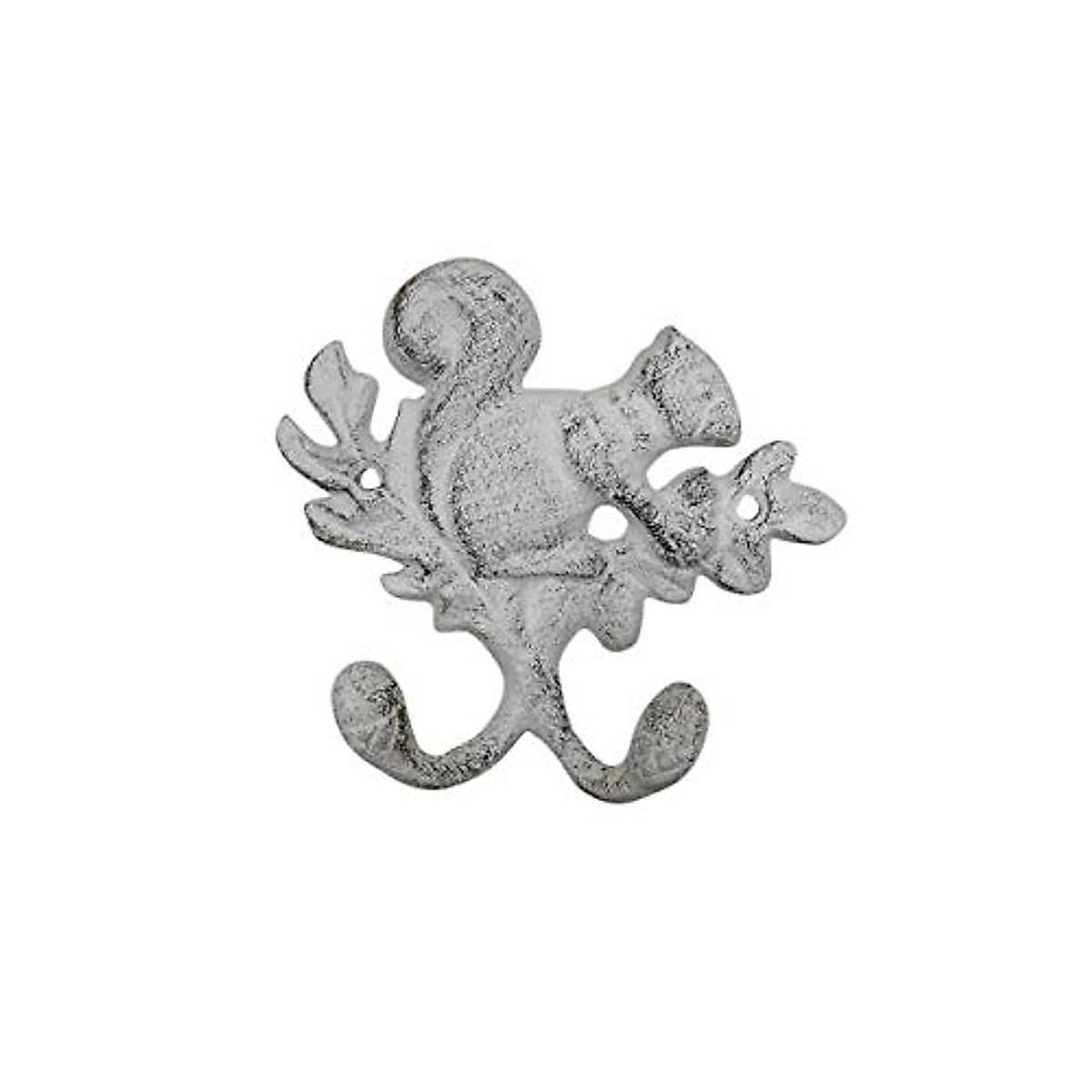 HANDCRAFTED NAUTICAL DÉCOR Whitewashed Cast Iron Squirrel with Acorn Decorative Double Metal Wall Hooks 8"