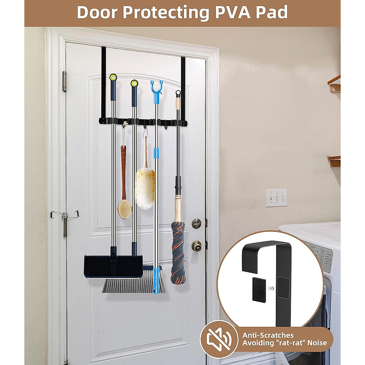 PrimZooty Broom Holder Over The Door - 304 Stainless Steel Mop and Broom Holder Wall Mounted or Hanging Over The Door with Hooks - Broom Hanger, Broom Storage Tool Organizer for Garage Closet Laundry