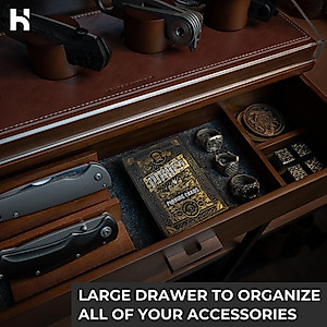 Showcase Your Knives with The Knife Deck Pro – Premium Pocket Knife Display Case for 6 Knives – Easy Access & Leather Lining – Drawer for Accessories – Wooden Pocket Knife Holder – Lifetime Assurance