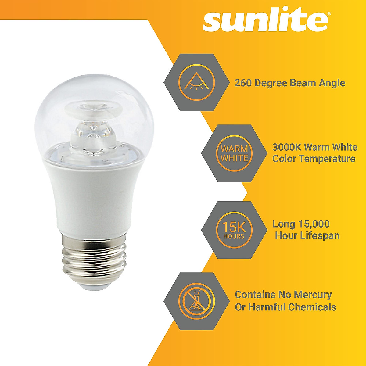 Sunlite 45162 LED A15 Appliance Clear Light Bulb, 6 Watts (40W Equivalent), 450 Lumens, Medium Base (E26), 90 CRI, Dimmable, ETL Listed, Ceiling Fan, Title-20 Compliant, 3000K Warm White, 6 Count