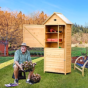 Goplus Wooden Storage Shed, Outdoor Storage Cabinet with 4 Shelves and Pitched Galvanized Sheet Roof, Lockable Garden Shed, Outside Tool Shed for Patio Yard Lawn