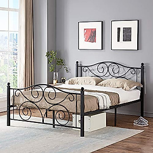 VECELO Metal Bed Frame with Headboard and Footboard, Iron Mattress Foundation No Box Spring Needed, Heavy Duty/Easy Set Up, Queen, Black