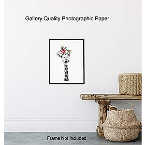 Baby Giraffe Wall Decor Print - Flower Crown Jungle Animals Wall Art Decoration for Girls Bedroom, Kids Room, Nursery - Cute Gift - Boho Shabby Chic Picture - 8x10 UNFRAMED Photo Poster