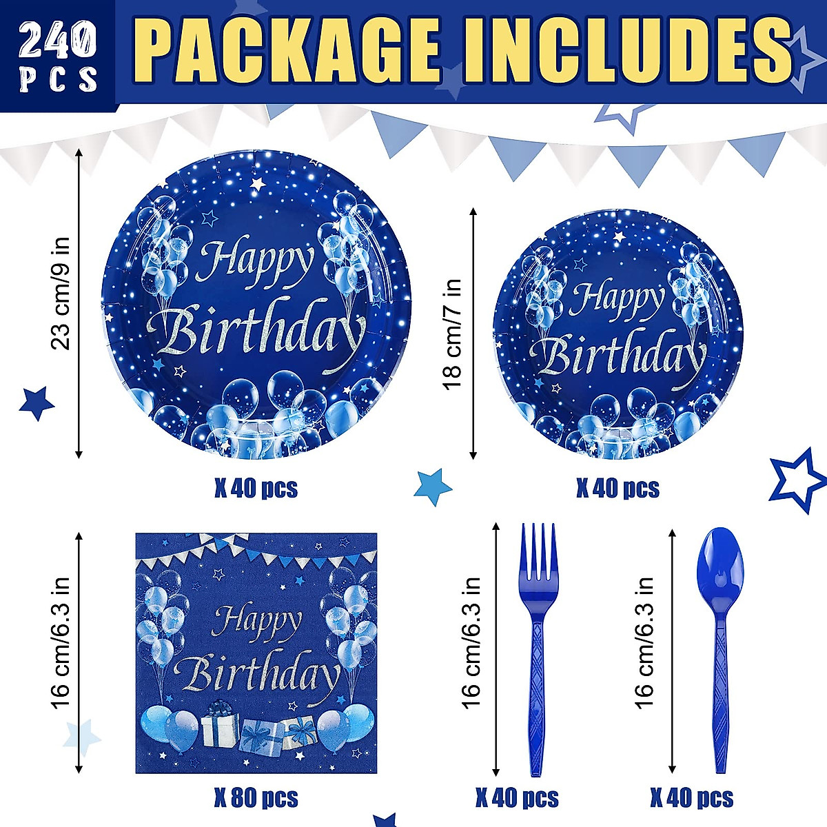 Yingzhao 240 Pcs Navy Blue happy Birthday Plates and Napkins for Table Decorations Supplies Happy Birthday Dessert Tableware Plates Napkins Forks for 40 Men Birthday Disposable Party Favors