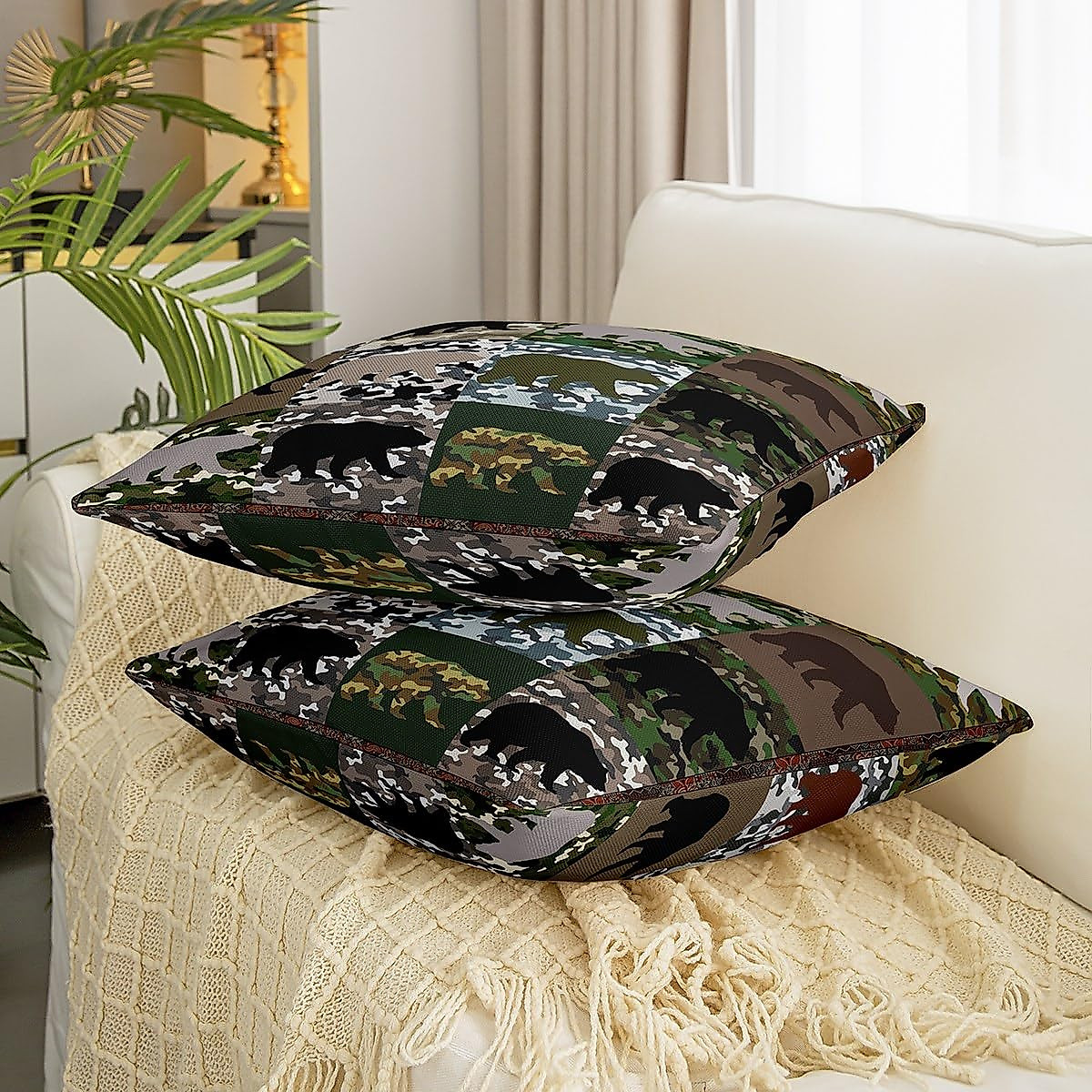 Castle Fairy Bear Pillow Cover,Wildlife Animal Hunting Camo Print Pillowcase Soft Square 18"x18" Cushion Case,Camouflage Plaid Print Throw Pillow Cover Single Pack for Room Decor Double Sides Print