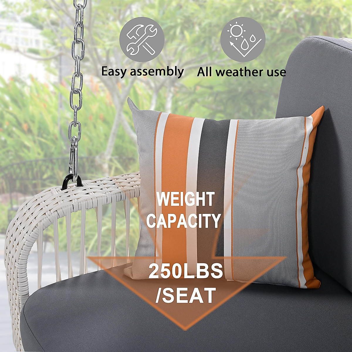 XD Designs Modern PE Wicker Porch Swing, 2-Seater Hanging Bench, 2 Person Front Hanging Porch Swing Bench with Chains, Cushion, Pillow for Backyard Garden Poolside, Max 500 Lb (White-FM)