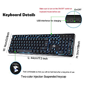 Soke-Six Wireless Rechargeable Backlit Keyboard and Mouse Combo, 2.4G Full-Size Mechanical Feel Gaming Keyboards with USB 2400DPl Mice,Adjustable Breathing Lamp,Anti-Ghosting (Black& Blue Light)