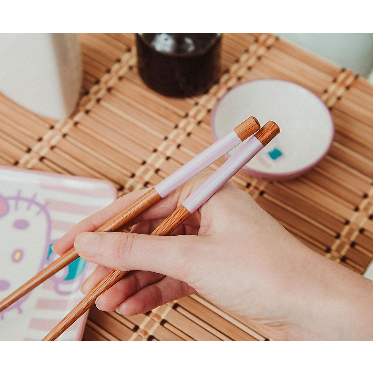 Sanrio Hello Kitty Pink 3-Piece Ceramic Sushi Set With Sauce Bowl and Chopsticks
