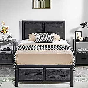 VECELO Twin Size Platform Bed Frame with Black Wood Headboard, Mattress Foundation, Strong Metal Slats Support, No Box Spring Needed