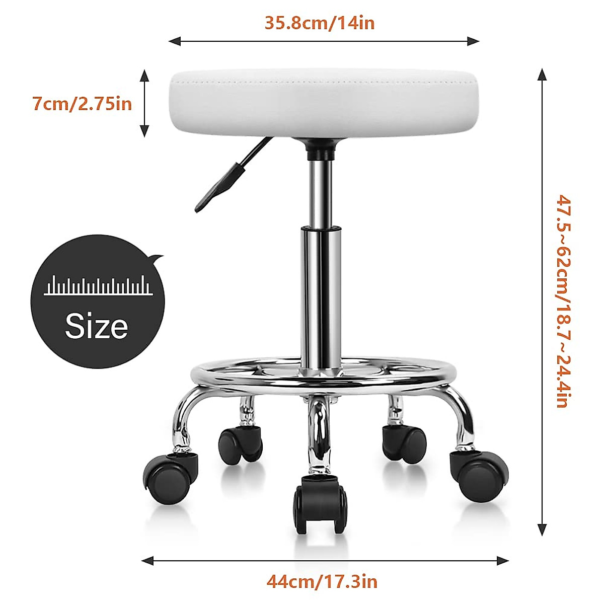 KKTONER PU Leather Round Rolling Stool with Foot Rest Swivel Height Adjustment Spa Drafting Salon Tattoo Work Office Massage Stools Task Chair Cushion 14 inches (White)