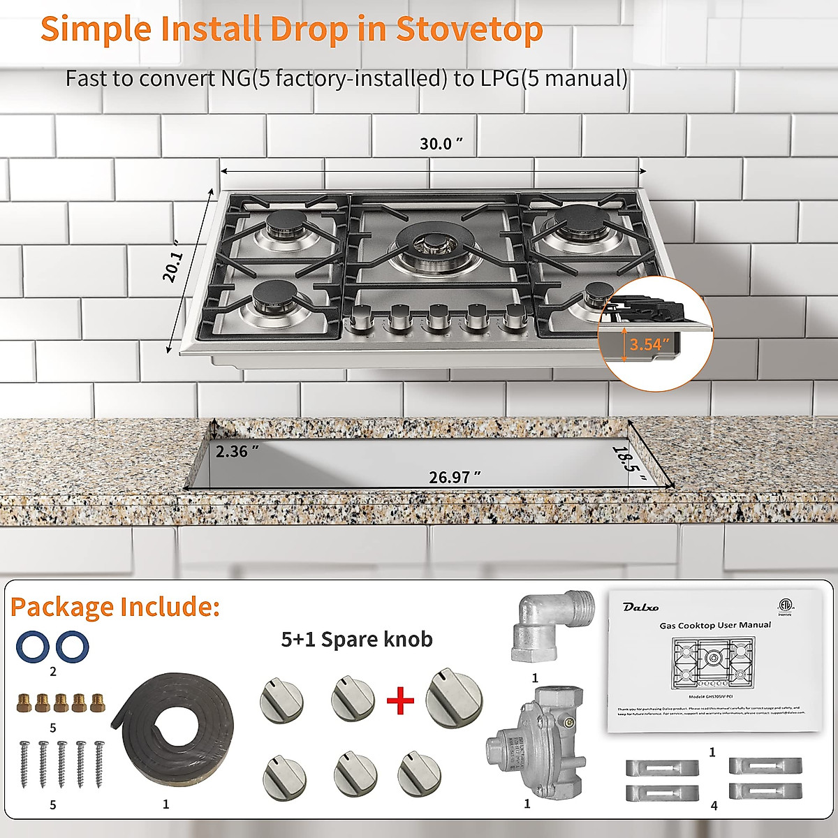 30 Inch Gas Cooktop with 6 Metal Knob, Dalxo 5 Italy Defendi Burner Gas Stovetop, Food-grade Stainless Steel Built-In Gas Hob, NG/LPG Convertible Gas Range Top for Kitchen, Thermocouple Protection