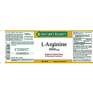 Nature's Bounty L-Arginine, Supports Blood Flow and Vascular Function, 1000 mg, Tablets, 50 Ct