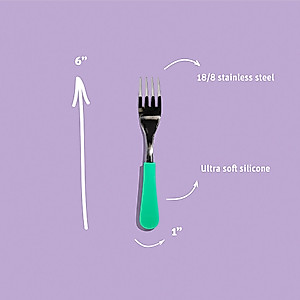 Avanchy Baby Spoons and Forks Stainless Steel and Silicone Set, Self Feeding Food Utensils, 4 Months Baby Led Weaning, 2 Pack, Green Spoon, Fork