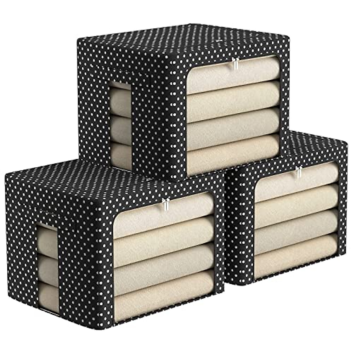 3 Pack Clothes Storage Organizer Bins - Foldable Metal Frame Storage Bins Stackable Oxford Cloth Fabric Container Organizer Set with Carrying Handles and Clear Window (Large-66L, Black Dots)