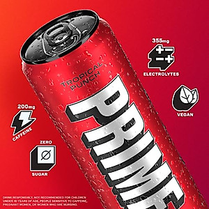 PRIME Energy TROPICAL PUNCH | Zero Sugar Energy Drink | Preworkout Energy | 200mg Caffeine with 355mg of Electrolytes and Coconut Water for Hydration| Vegan | Gluten Free |12 Fluid Ounce | 24 Pack