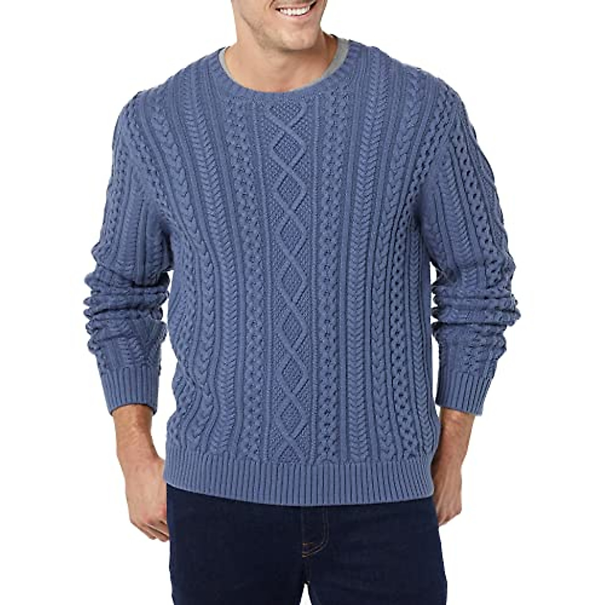 Amazon Essentials Men's Long-Sleeve 100% Cotton Fisherman Cable Crewneck Sweater, Dark Blue, Large