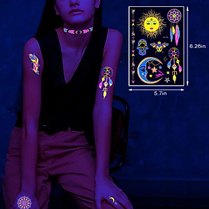 Neon Metallic Gold Temporary Tattoos Glow In The Dark UV Neon Tattoos Stickers 80 Glitter Styles Mandalas Feather Elephants Horns Party Decoration for Adults Kids