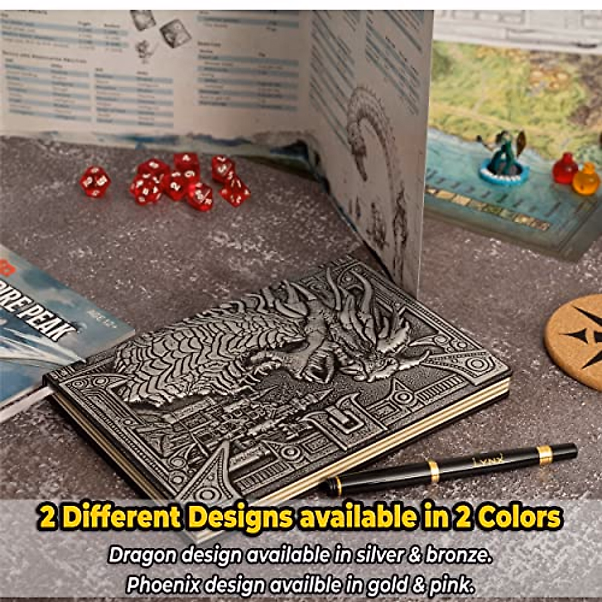 DND Notebook / Journal, Unique 200 Page Book with 3D Bronze Dragon Embossed Faux Leather Cover with Pen- Ideal for Dungeons & Dragons / D&D. Great RPG Accessories Nerdy Fantasy Gift for DM's & Players, Men or Women.