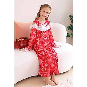 Girl Christmas Nightgown 6-7T Snowflake Red Xmas Nightdress for Kids Lightweight Warm Sleepwear Long Sleeve