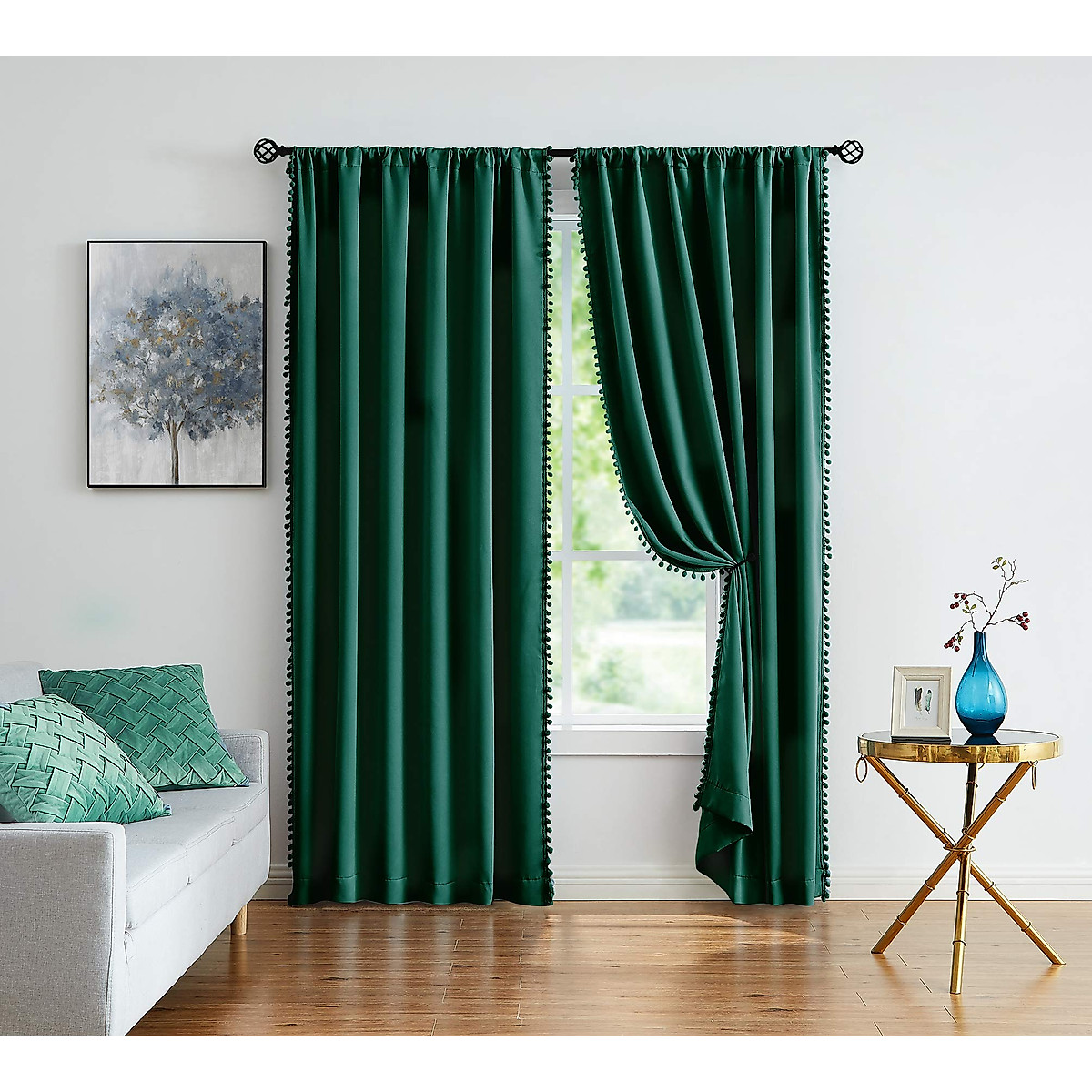 Green Blackout Curtains for Bedroom 84 inch Pom Pom Windows Drapes Cute Decorative Triple Weave Thermal Insulated Curtain Drapes for Nursery Room Studio Hotel 52" w x2 Panels Rod Pocket