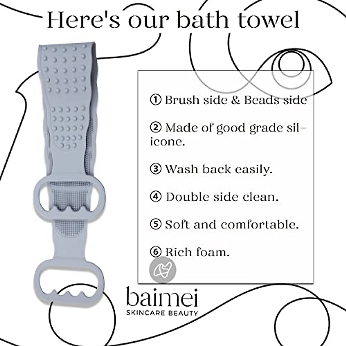 BAIMEI Silicone Back Scrubber for Shower, Handle Body Washer, Exfoliating Texture Body Scrubbers - Grey