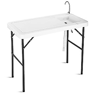 Goplus Portable Fish Cleaning Table with Sink, Folding Outdoor Camping Sink Station with Hose Hook Up, Heavy Duty Fillet Table with Faucet for Dock Beach Patio Picnic