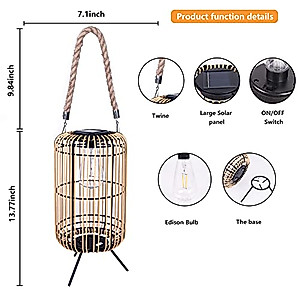 Livinlarge Solar Lantern Outdoor Waterproof, Large Solar Rattan Lantern Outdoor Hanging with Handle, Bright Solar Outdoor Lights with Edison Bulb for Garden Patio Yard Tabletop Decoration