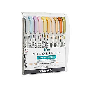 Zebra Pen Mildliner Double Ended Highlighter Set, Chisel and Bullet Point Tips, Assorted Neutral and Gentle Ink Colors, 10-Pack (78701)