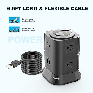 Power Strip Tower Surge Protector,7 AC Outlets with 2 USB Ports,6.5 Ft Extension Cord, Desk Power Outlet for Home Office(Black)