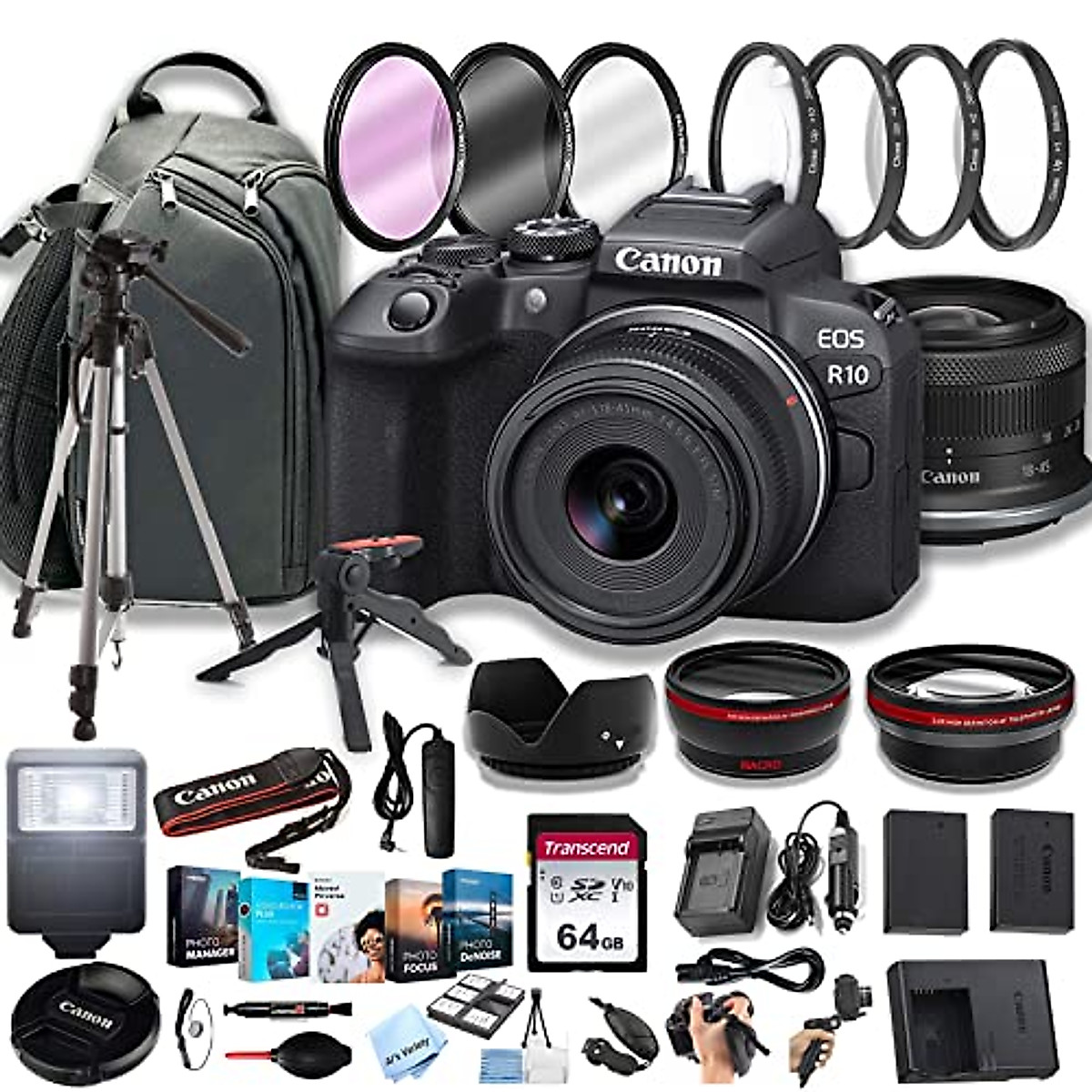 Canon EOS R10 Mirrorless Digital Camera with RF-S 18-45mm f/4.5-6.3 is STM Lens + 100S Sling Backpack + 64GB Memory Cards, Professional Photo Bundle (40pc Bundle)