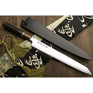Yoshihiro TM-Hayate ZDP-189 Super High Carbon Stainless Steel Sujihiki Kiritsuke Knife Octagonal Ebony Wood Handle with Sterling Silver Ring (9.5" (240mm))