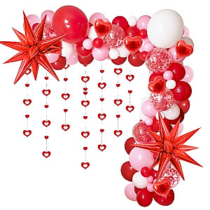 Valentines Day Balloon Arch Garland Kit, Valentines Red Pink White Balloon with Bling Heart Hanging Swirls star Balloon ribbon for Valentine Party Anniversary Wedding Engagement Supplie