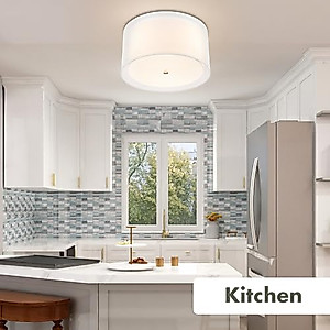 Hamilyeah Modern Drum Ceiling Light Fixture, 12inch Fabric Shade, Flush Mount 2 Bulb, Dimmable, Close to Ceiling, Bathroom Kitchen Bedroom Lighting