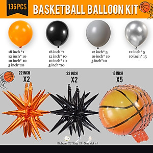 FROUFING Basketball Balloon Garland Arch Kit, 136pcs Orange Gray Black White and Silver with Foil Star Balloons for 1st Birthday Party Baby Shower Sports Theme Supplies Decorations