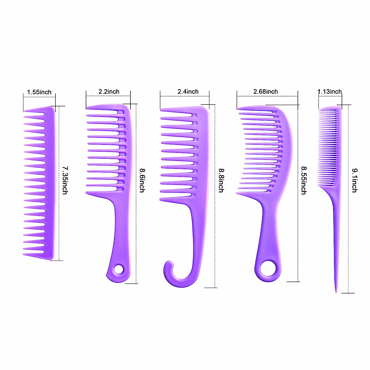 5 Pcs Hair Comb Set, Wide Tooth Detangling Comb,Large Shower Comb with Hook，Fine Tooth Rat Tail Comb Professional Styling, No Handle Women Brush For Curly, Wet, Dry, Long and Thick Hair.