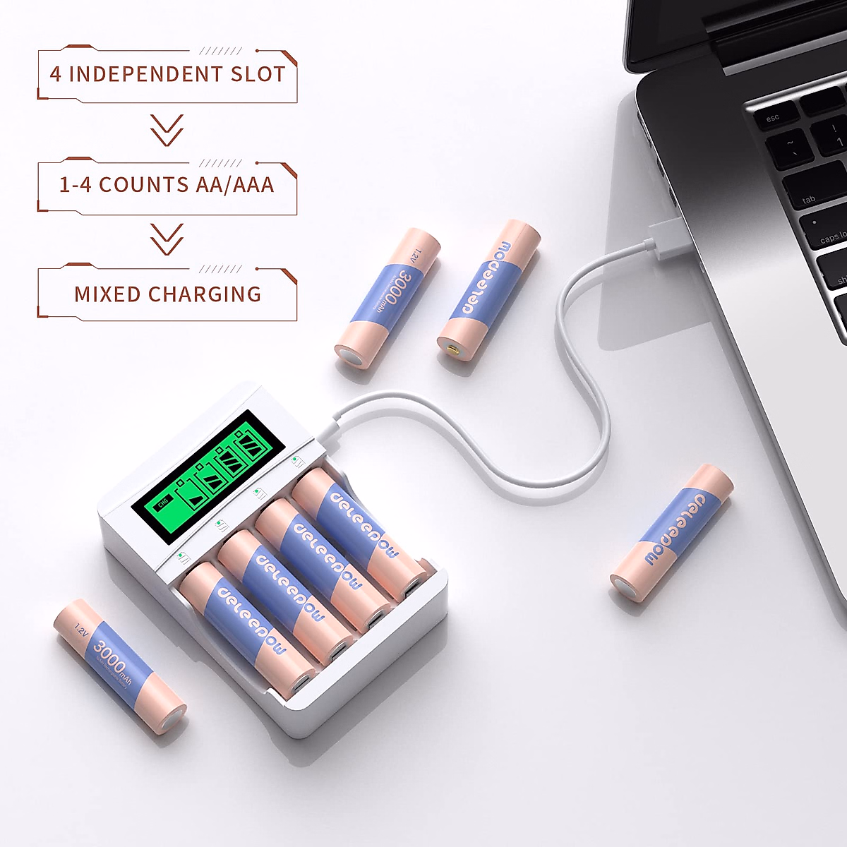 Deleepow AA Rechargeable Batteries 1.2V AA Batteries 8-Pack Nimh Double A Batteries 3000mAh 1200 Cycles with LCD Charger