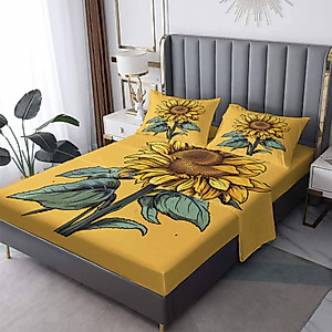 Sunflower Sheets Full Size, Plant Yellow Bed Sheets, Patterned Bedding Sheets & Pillowcases 4 Piece Set - Soft Microfiber Deep Pocket Fitted Sheet & Flat Sheet & 2 Pillow Cases L5-&-256
