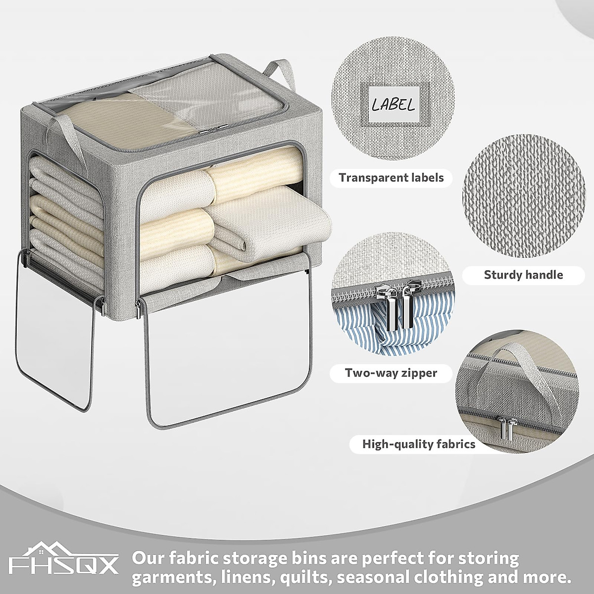 3 Pack Clothes Storage Bins with Metal Frame- Foldable Storage Organizer Bin for Clothes Linen Fabric Storage Box with Lid ＆Clear Window (Light Grey, 15.7x11.8x11.8inch)