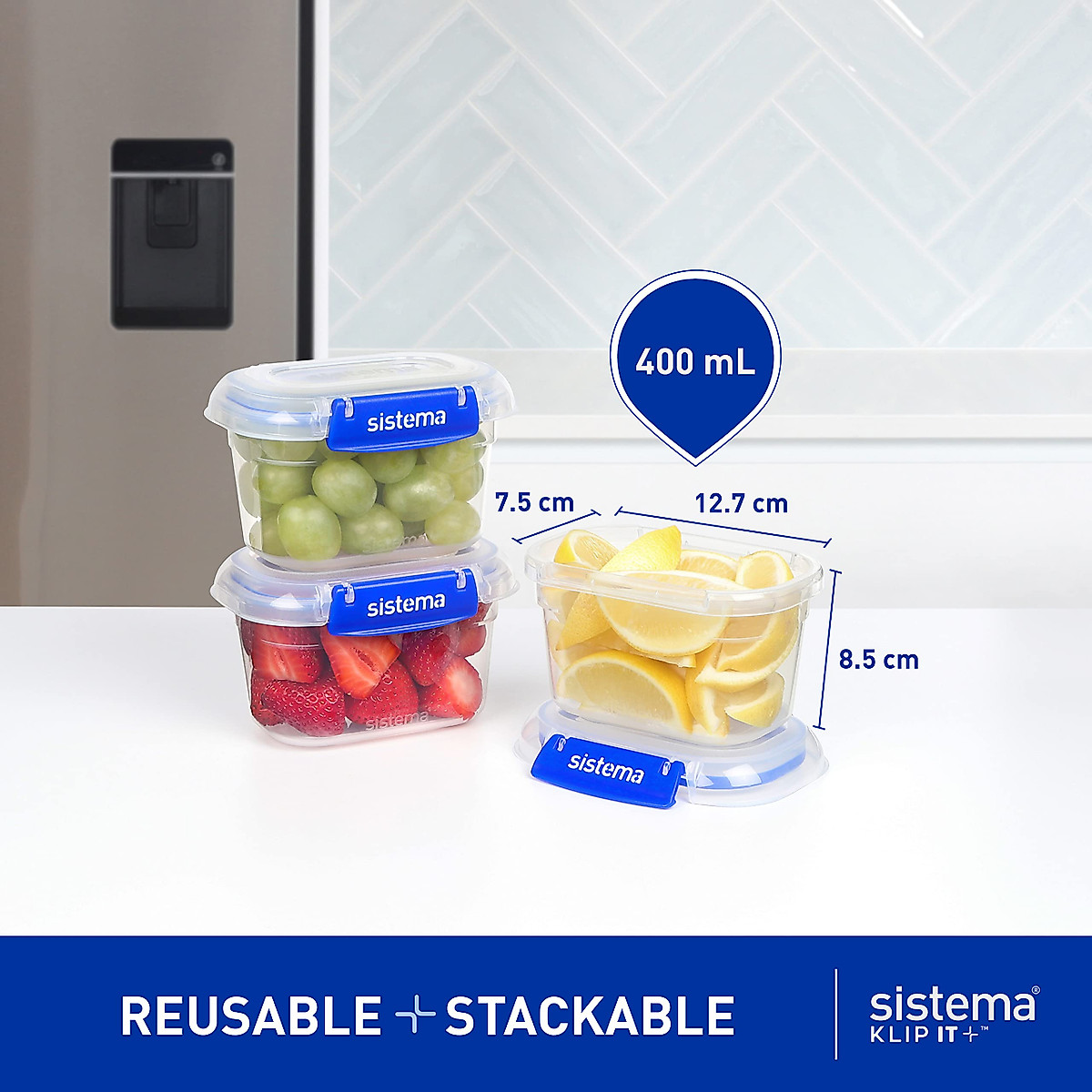 Sistema KLIP IT PLUS Food Storage Containers, 400 ml, 3 Piece Airtight Containers Set, Leak-Proof Seal, Easy Locking Clips, Recyclable with TerraCycle, BPA-Free