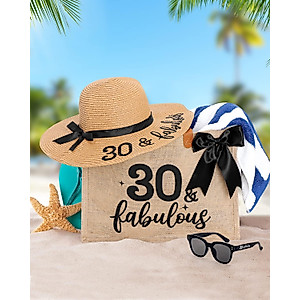 Percozzi 30th Birthday Gifts Her Tote Bag 30 & fabulous Hat and Glasses Summer Beach Party Vacation Supplies Straw Sun Black Decorations Set of 3