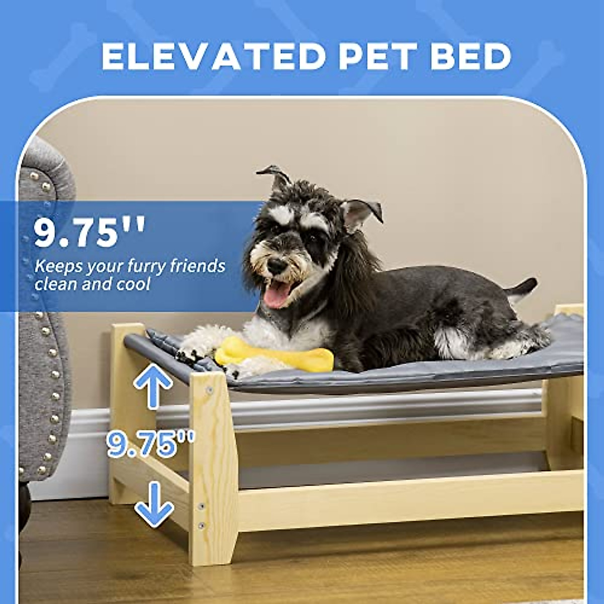 PawHut Raised Pet Bed Wooden Frame Dog Cot with Washable Cushion for Small Medium Sized Dogs Indoor Outdoor, 35.5" x 20" x 11"