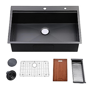 33 Inch Drop In Black Kitchen Sink Workstation-VAPSINT 33x22 Topmount Black Stainless Steel Drop-in Kitchen Sink, Handmade Single Bowl Deep Kitchen Sink with Grid,Drainer,Cutting Board and Colander