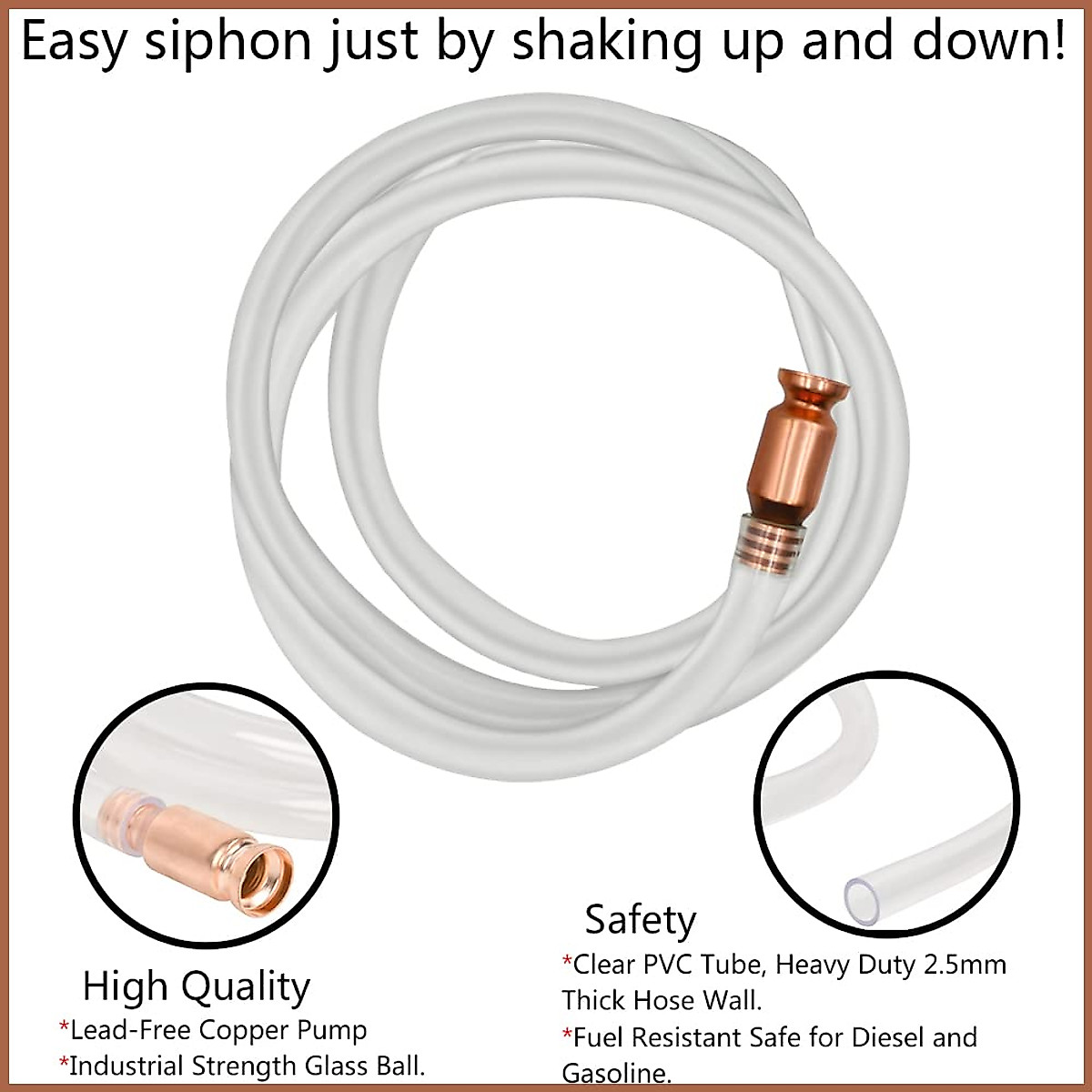 Tezam Gas Siphon Hose Pump Shaker Siphon for Gasoline Fuel Water Transfer Safe Multi-Purpose Self Priming Pump 6 Foot High Grade Hose 1/2" Valve