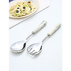 YoTreasure Tiramisu Resin & Stainless Steel Ivory Salad Server Spoon and Fork Set Cooking Utensils for Kitchen