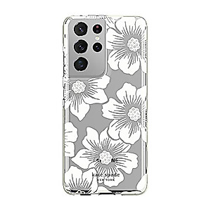 kate spade new york Defensive Hardshell Case Compatible with Samsung Galaxy S21 Ultra 5G - Hollyhock Floral Clear/Cream with Stones/Cream Bumper