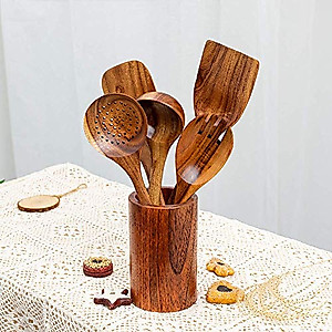 Wooden Utensils for Cooking, 7pcs Natural Acacia Wood kitchen utensils set with Holder For Cooking Utensil set Wooden Spoons Spurtle Spatula For Cooing Non-Stick Pan
